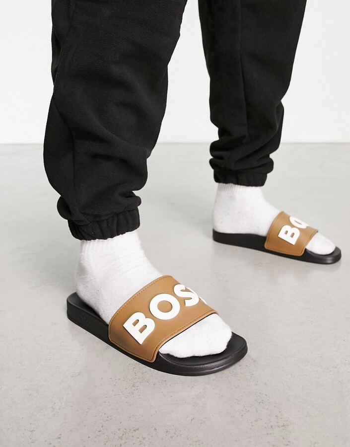 BOSS ORANGE Kirk slider in brown - ShopStyle Sandals & Slides