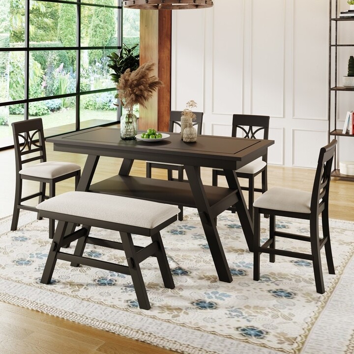 NOVABASA 6-Piece Wooden Rectangular Counter Height Dining Table With 4 ...