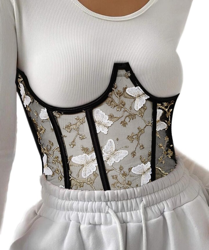 TOPMELON Sequin Floral Embroidered Corset Underwire boned Lace Corset Sparkly Strapless Push Up ...
