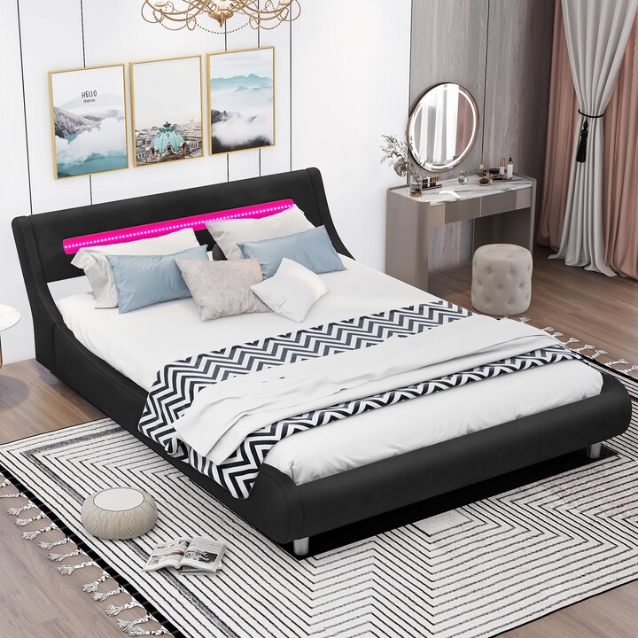 TOSWIN Queen Size Low Profile Upholstered Platform Bed with LED ...