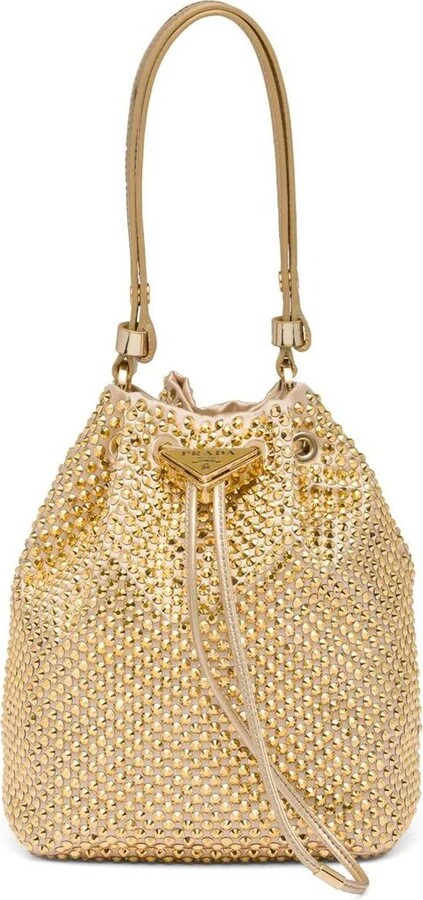 Prada mini crystal-embellished satin bucket bag - ShopStyle