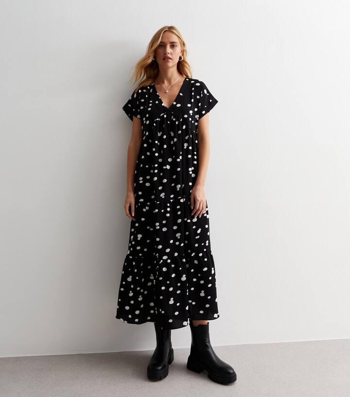Women's Black Spot V Neck Tiered Midi Dress Gini London - ShopStyle