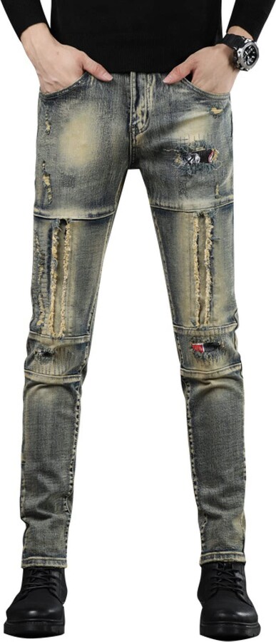 SIRWAX Men's Long Ripped Jeans Fashion Classic Slim Washed Retro ...