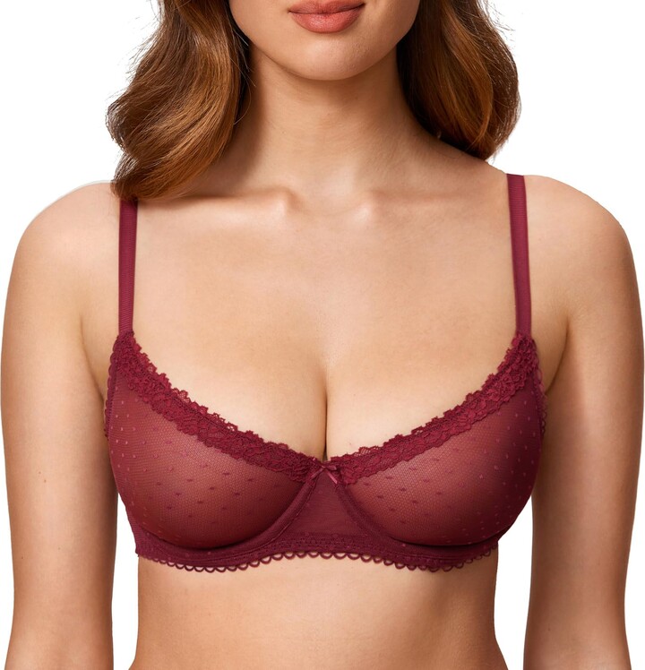 DOBREVA Women's Lace Bra Balconette See Through Underwire Sheer Mesh Demi Plus Size Dark Red 36D ...