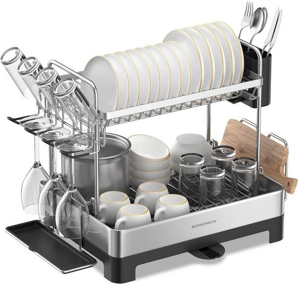 Songmics 2 Tier Dish Drying Rack, Stainless Steel Frame Dish Rack for ...