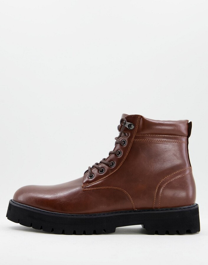 ASOS DESIGN lace up boot in brown faux leather with padded cuff detail ...