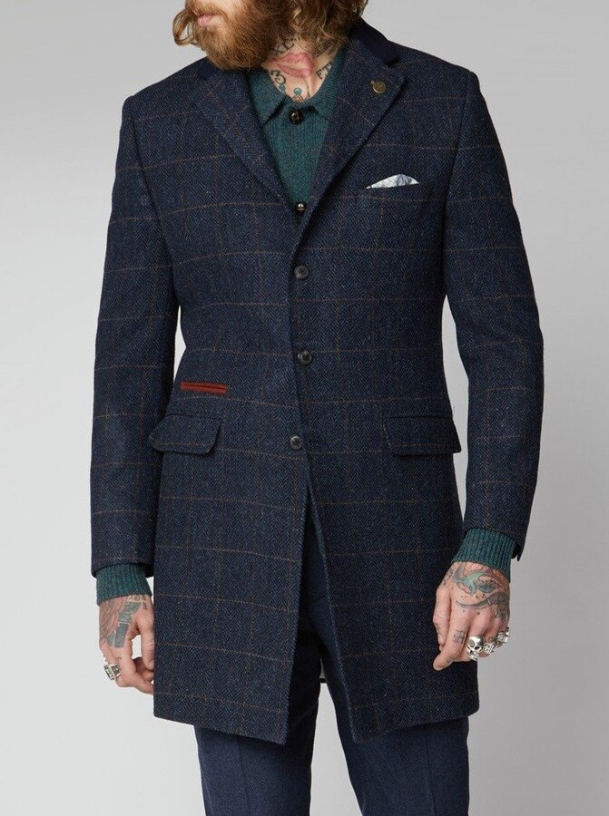Gibson London Navy Shetland Herringbone Check Crombie Overcoat ...
