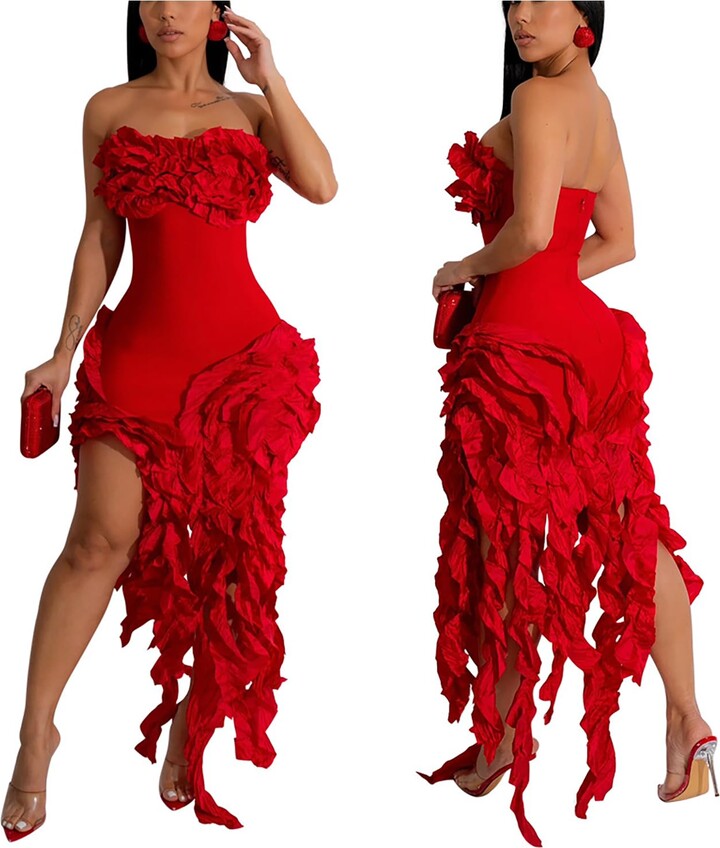 VJJ AIDEAR Women's Fringe Ruffle Strapless Tube Off Shoulder Bodycon ...