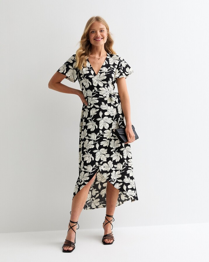 Women's Black Floral Wrap Midi Dress Gini London - ShopStyle