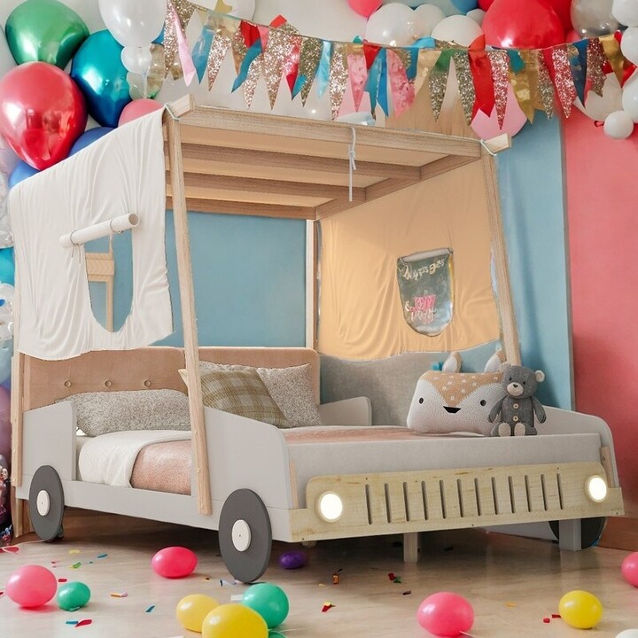 IGEMAN Natural Wood Full Size Car Bed with Pillow, Platform Bed with ...