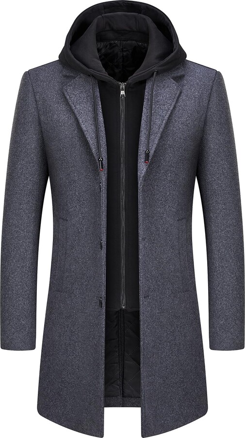 KUDMOL Mens Wool Trench Coat Removable Hood Winter Casual Coat Warm ...