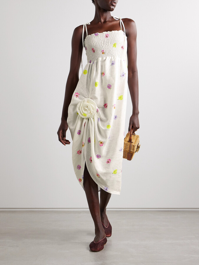 Sleeper Atlanta Asymmetric Shirred Appliquéd Floral-print Linen Midi ...