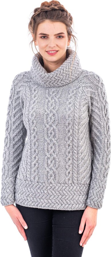 SAOL 100% Merino Wool Irish Fisherman Knitted Funnel Neck Ladies Long ...