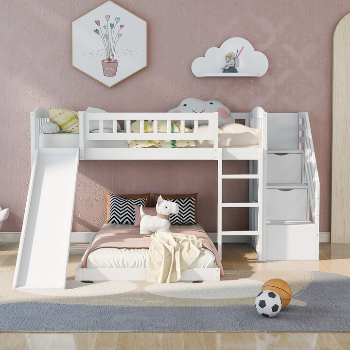 IGEMAN Mission Slats Style White Stairway Twin over Twin Wood Bunk Bed ...