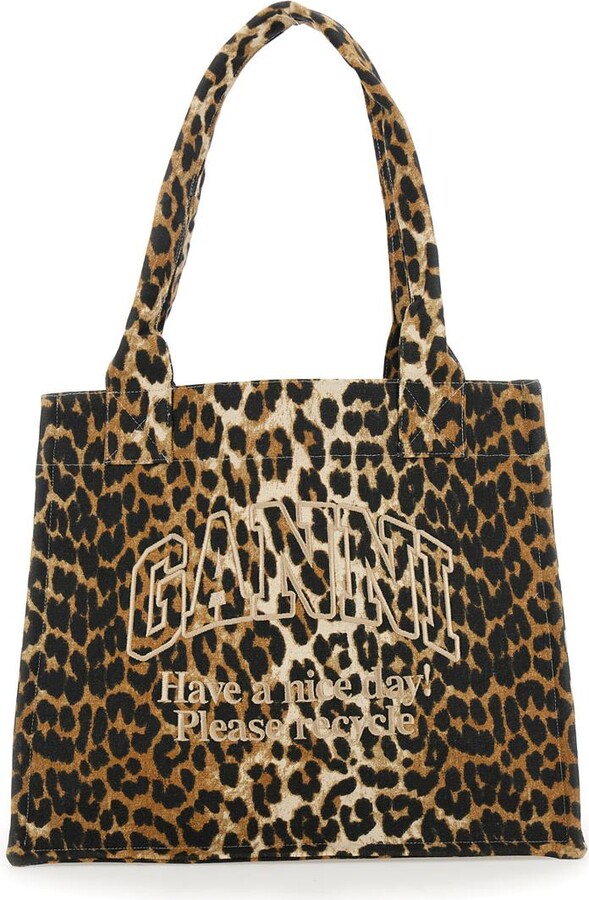 Ganni Multicolor Shopper With All-Over Leopard Print In Cotton Woman ...