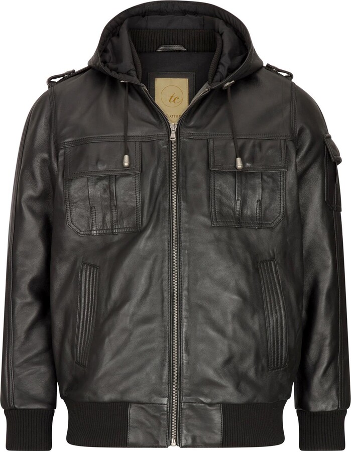 TruClothing Mens Real Leather Jacket Black Brown Hooded Hood Zip Retro ...