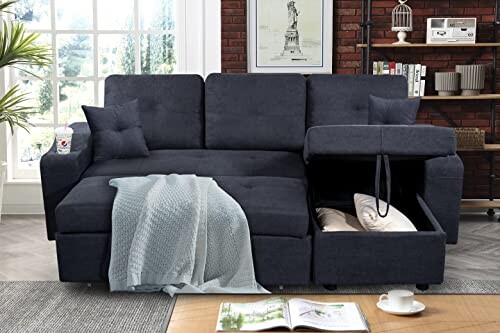MOEO L-Shape Sleeper Sectional Sofa with Pull-Out Bed and Storage Space ...