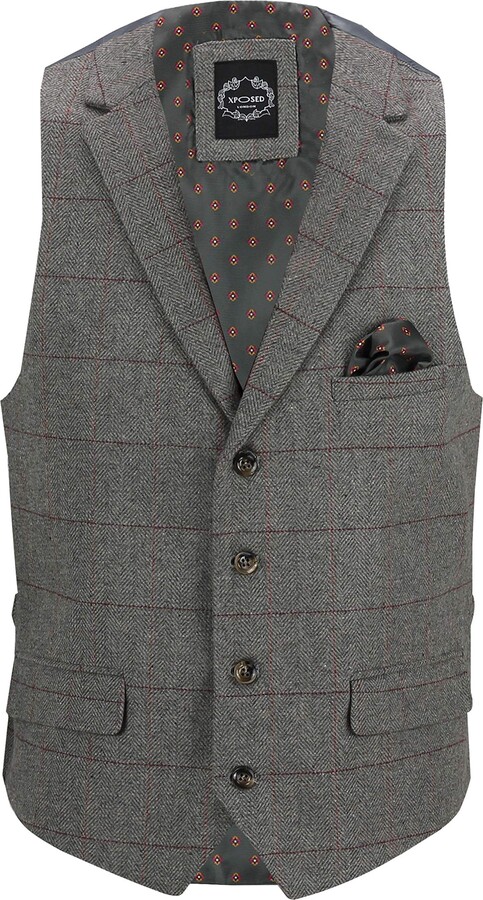 Xposed Kano Mens Herringbone Check Tweed Waistcoat Tailored Fit Collar ...