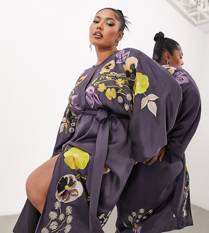 ASOS EDITION Curve satin midi dress in pansy floral embroidery in ...