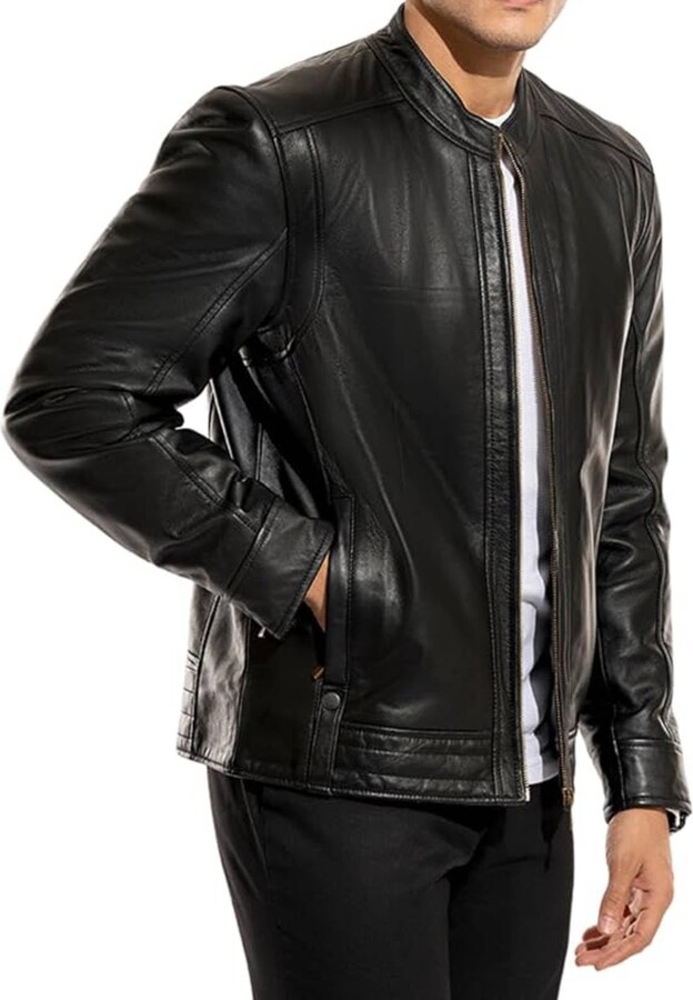 The Finns Shop Black Plain Motorcycle Style Leather Jacket-Cafe Racer ...
