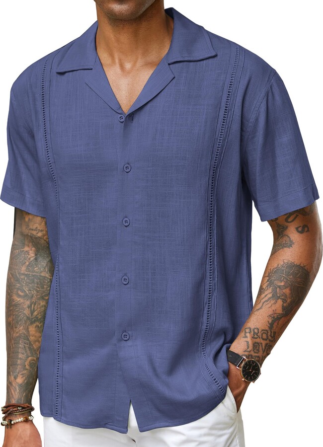 COOFANDY Men's Cuban Guayabera Shirt Short Sleeve Button Down Shirts Casual Summer Beach Linen ...