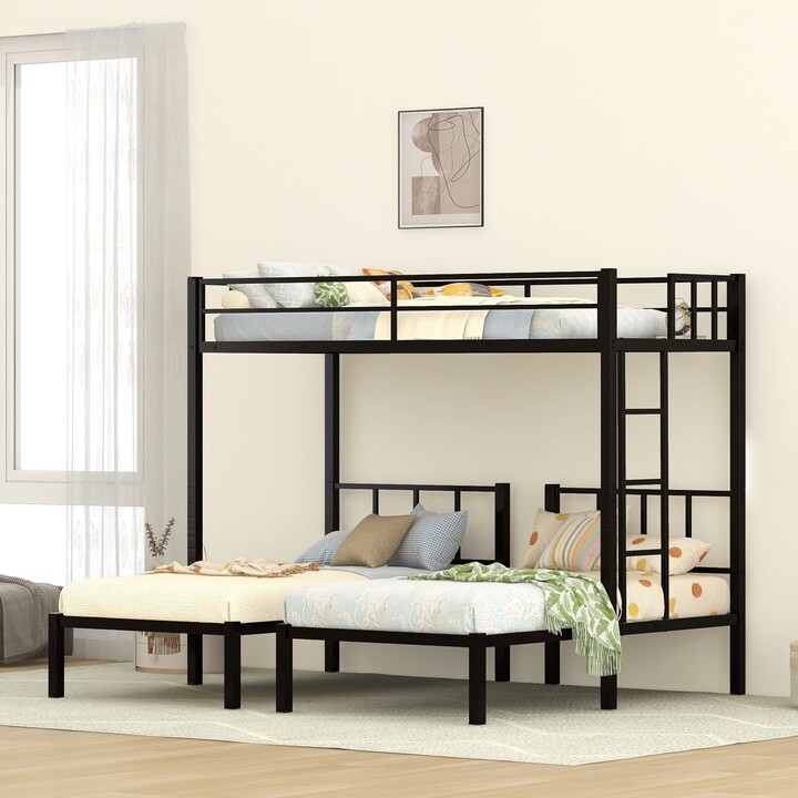 GEROJO Black Black Metal Detachable Triple Bunk Bed with Guardrails and ...