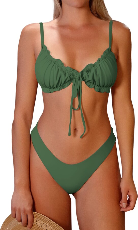 ZAFUL Women's Triangle Bikini Ruffles Solid Padded Tie Up Sexy Bikini Set Swimsuit Amy Green S ...