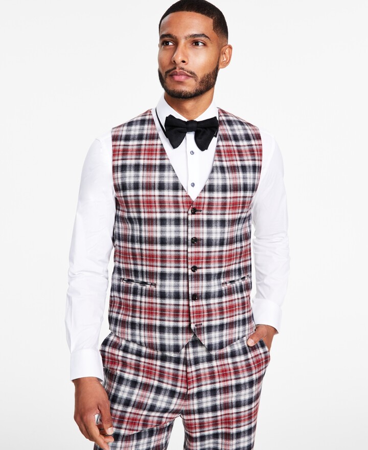 Tayion Collection Men's Classic-Fit Black, Red & White Plaid Suit ...