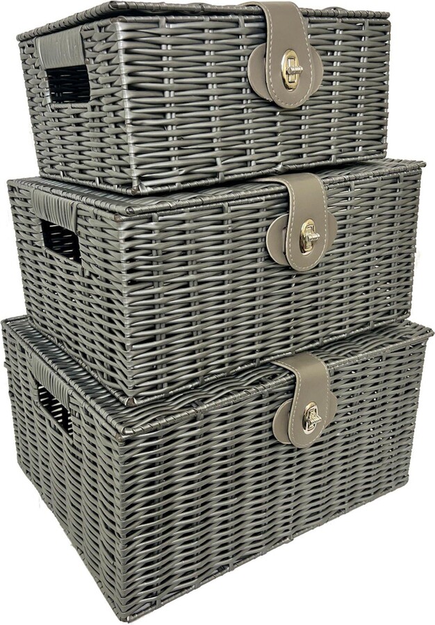 Oypla Set of 3 Grey Resin Woven Wicker Style Storage Baskets - ShopStyle