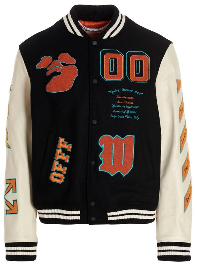Off-White Logo Patches Stripe Trim Varsity Jacket - ShopStyle