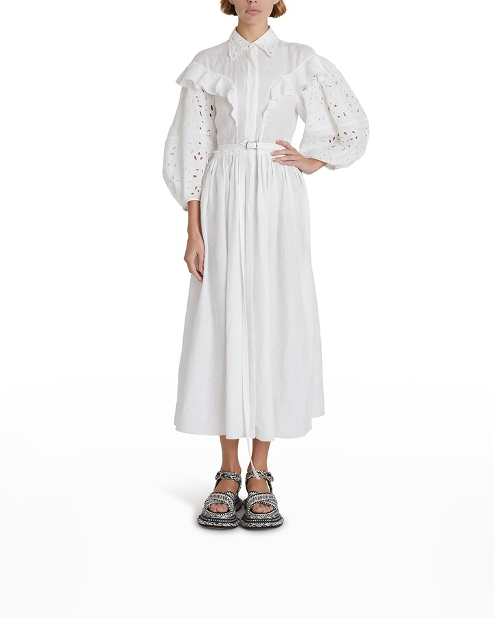 Chloé Broderie Anglaise Blouson-Sleeve Ruffle Maxi Shirtdress - ShopStyle