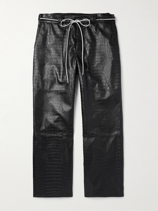 4SDESIGNS Straight-Leg Belted Croc-Effect Faux Leather Trousers ...