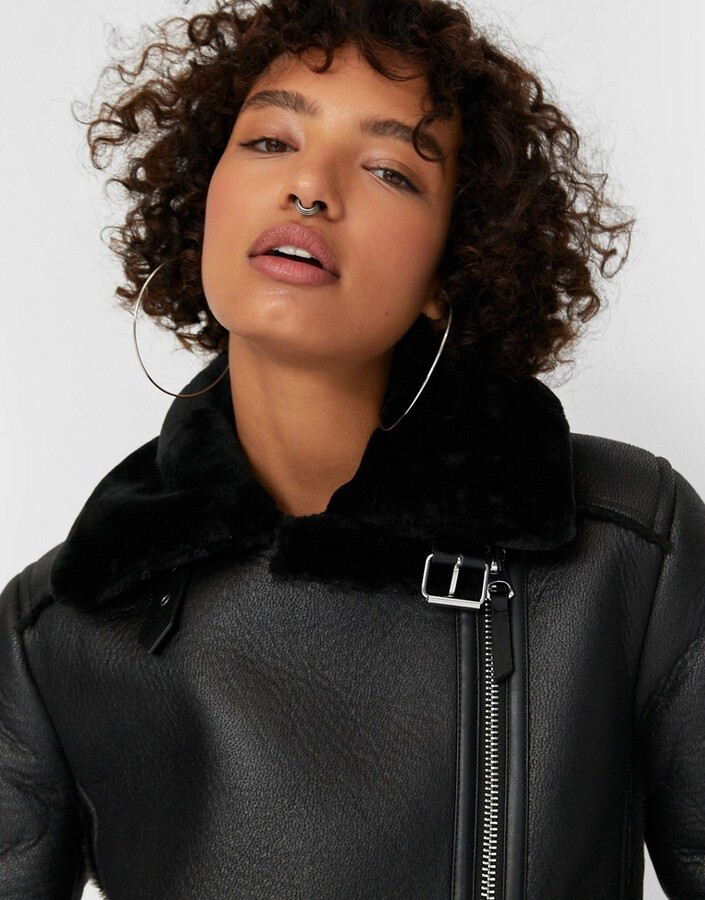 Stradivarius long faux leather aviator jacket in black - ShopStyle