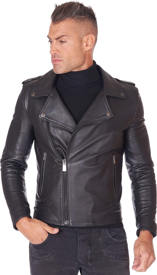 D'Arienzo Mens Italian Black Genuine Leather Jacket Biker Motorcycle ...