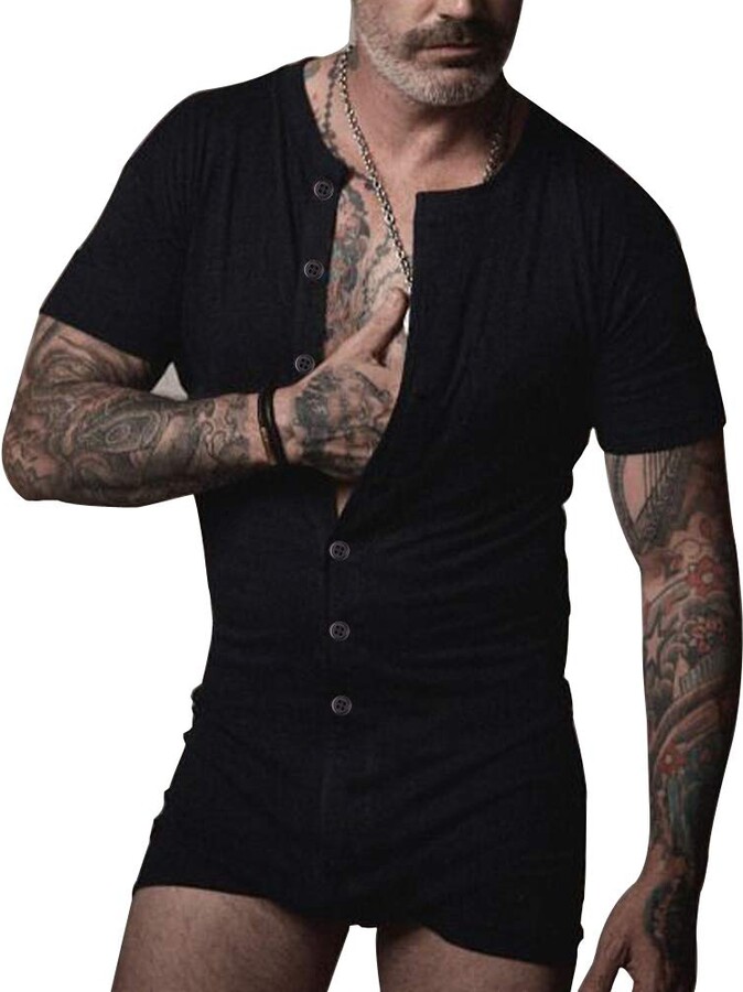 Muscle Alive Mens Short Sleeve Onesie Henley Jumpsuit Stretchy Cotton ...