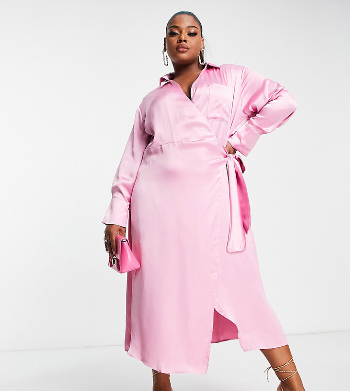 Pretty Lavish Curve Ronnie satin wrap midi dress in pink - ShopStyle