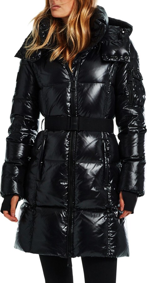 SAM. Noho Glossy Belted Down Puffer Coat with Removable Hood - ShopStyle