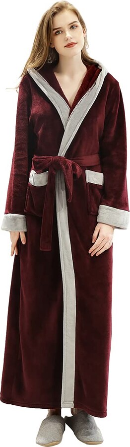 YYNUDA Women Soft Hooded Dressing Gowns Long Flannel Fluffy Bathrobe ...