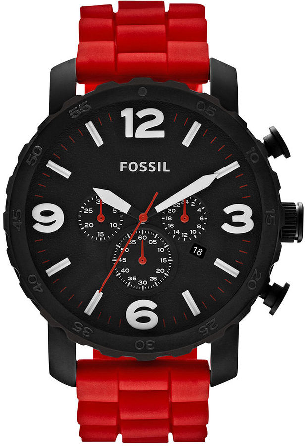 Fossil Men's Chronograph Nate Red Silicone Strap Watch 50mm JR1422 ...