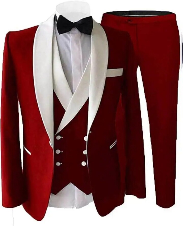COSKTIARL Mens Slim Fit 3 Piece Suit - Classic Red Business Wedding ...