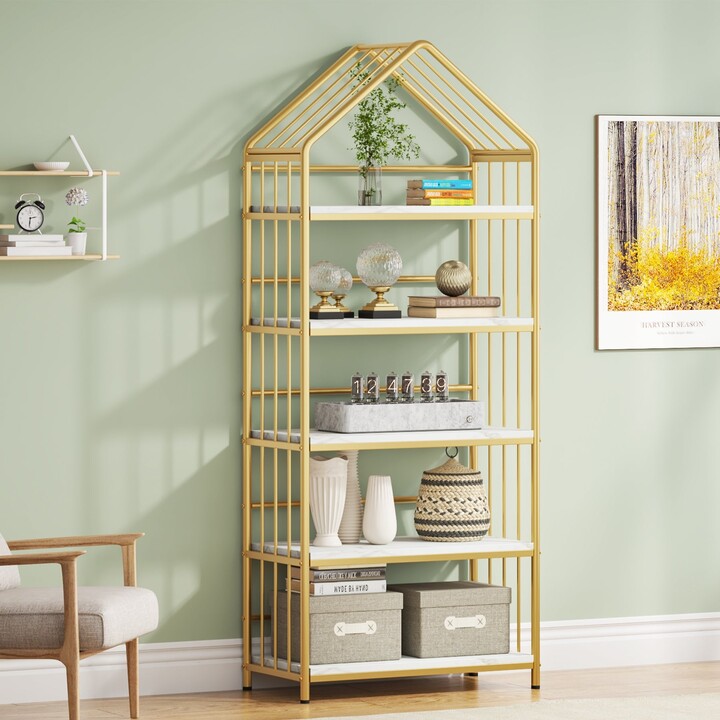 Farfarview 5-Tier Faux Marble Bookshelf with Gold Frame, 72 Inch Tall ...