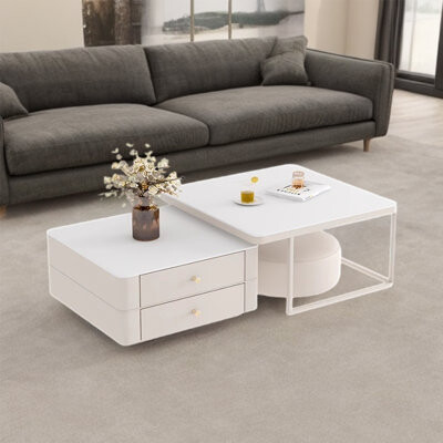 LORENZO Light luxury simple white sintered stone coffee table set (1 coffee table,1 small table ...