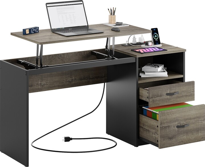 Bestier Computer Desk Lift Top Desk with Outlet and Drawers File ...