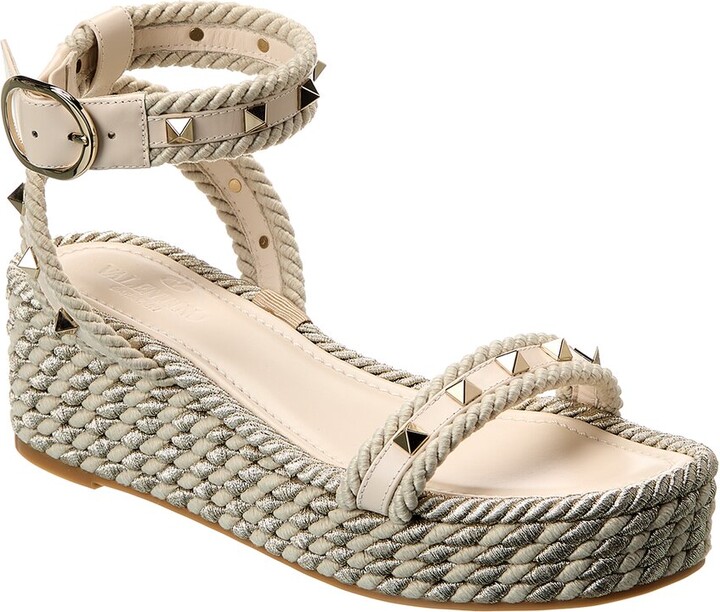 Valentino Rockstud 45 Rope & Leather Wedge Sandal - ShopStyle