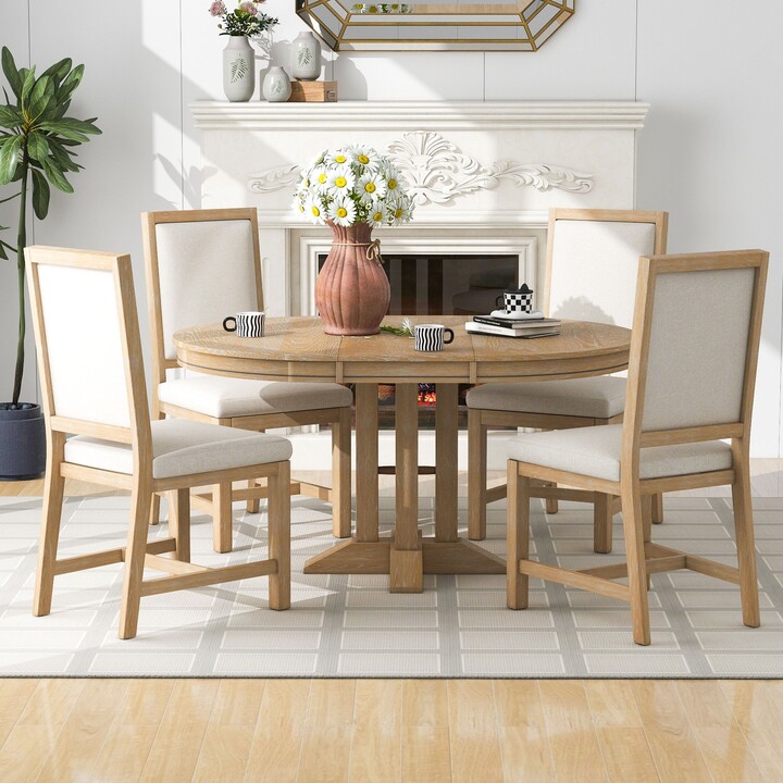 EYIW 5-Piece Wood Dining Set, Extendable Round Table with Movable Leaf ...