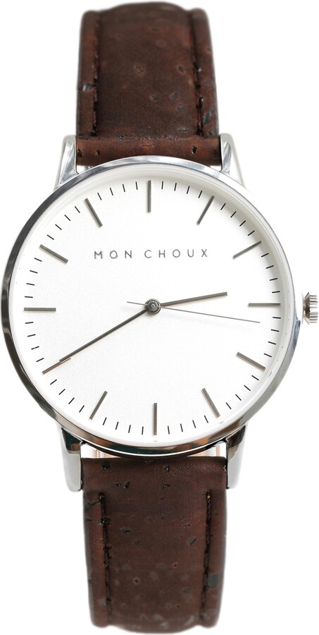 MON CHOUX - Classic White Silver Watch In Brown Cork Leather - ShopStyle