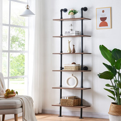 Williston Forge 6-Tier Industrial Pipe Bookshelf, Wall Mounted Ladder ...