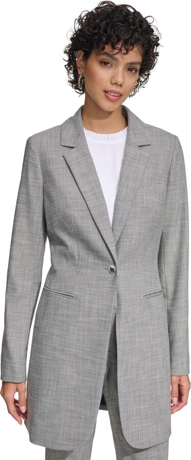 Calvin Klein Petite Shoulder-Padded Blazer Topper Jacket - Black/white ...