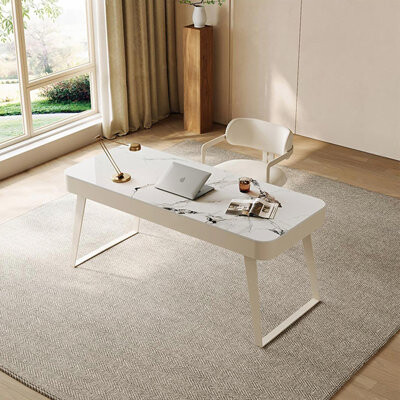 DECADANZ Cream Rectangle Sintered Stone Writing Desk,2-drawer ...