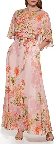 Eliza J Women's Maxi Style Caplet Chiffon Elbow Sleeve Jewel Neck Dress ...